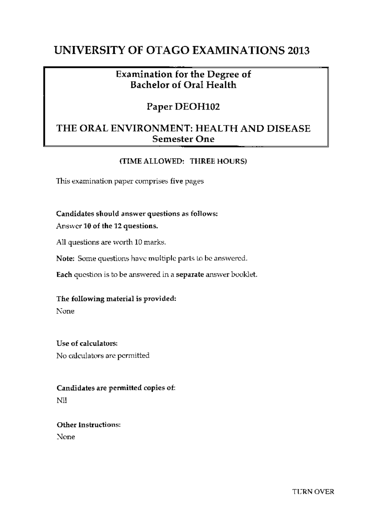 Deoh102 2013 s1 - Past year examination papers including answers - The ...