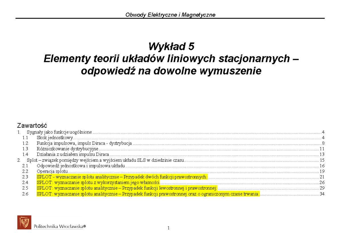 OEi M Ai R W05-SLS odpowiedz - Elementy teorii układÛw liniowych stacjonarnych ñ odpowiedź na ...