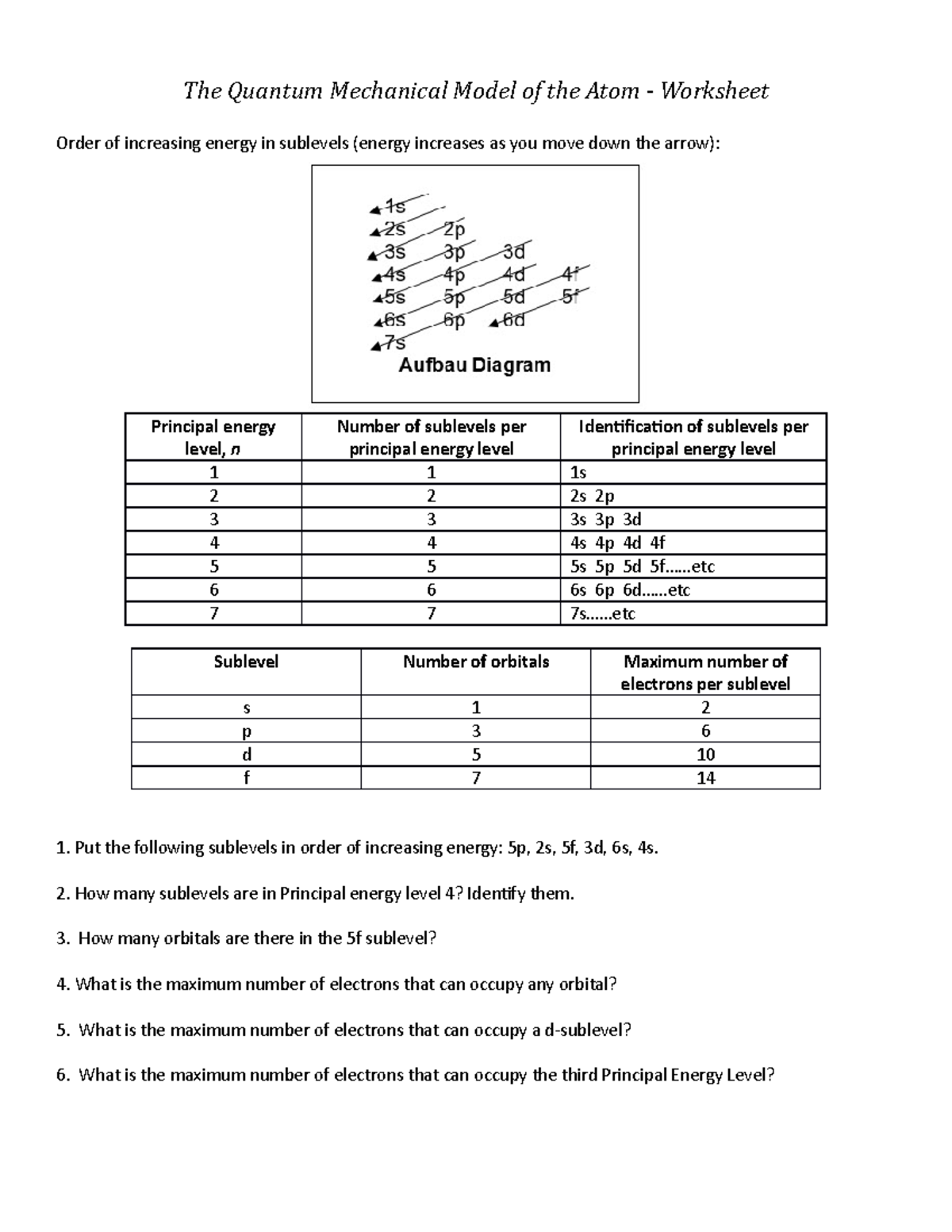 QMM Worksheet - Electrons calculation - The Quantum Mechanical Model of ...