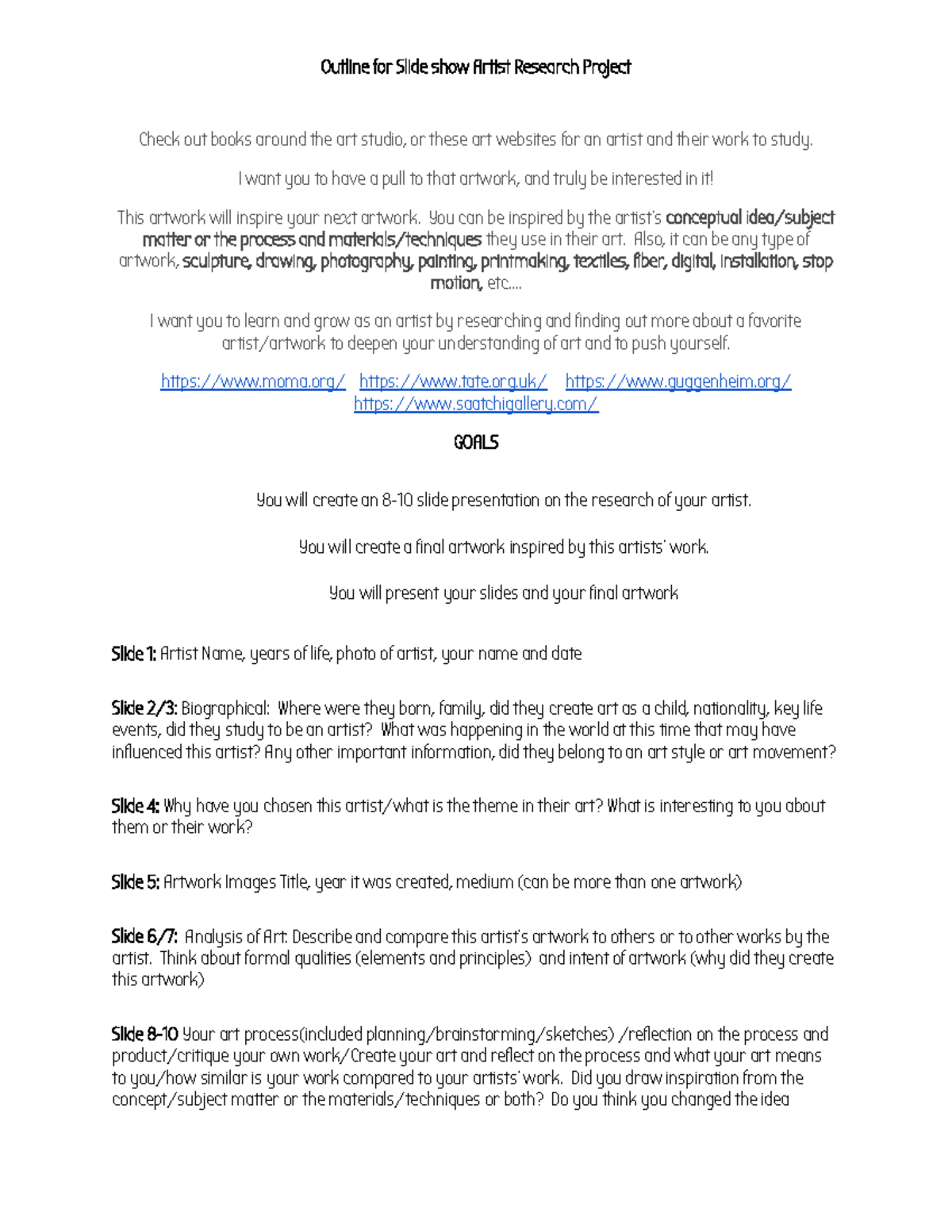 Outline for Slide artist research project - Outline for Slide show ...