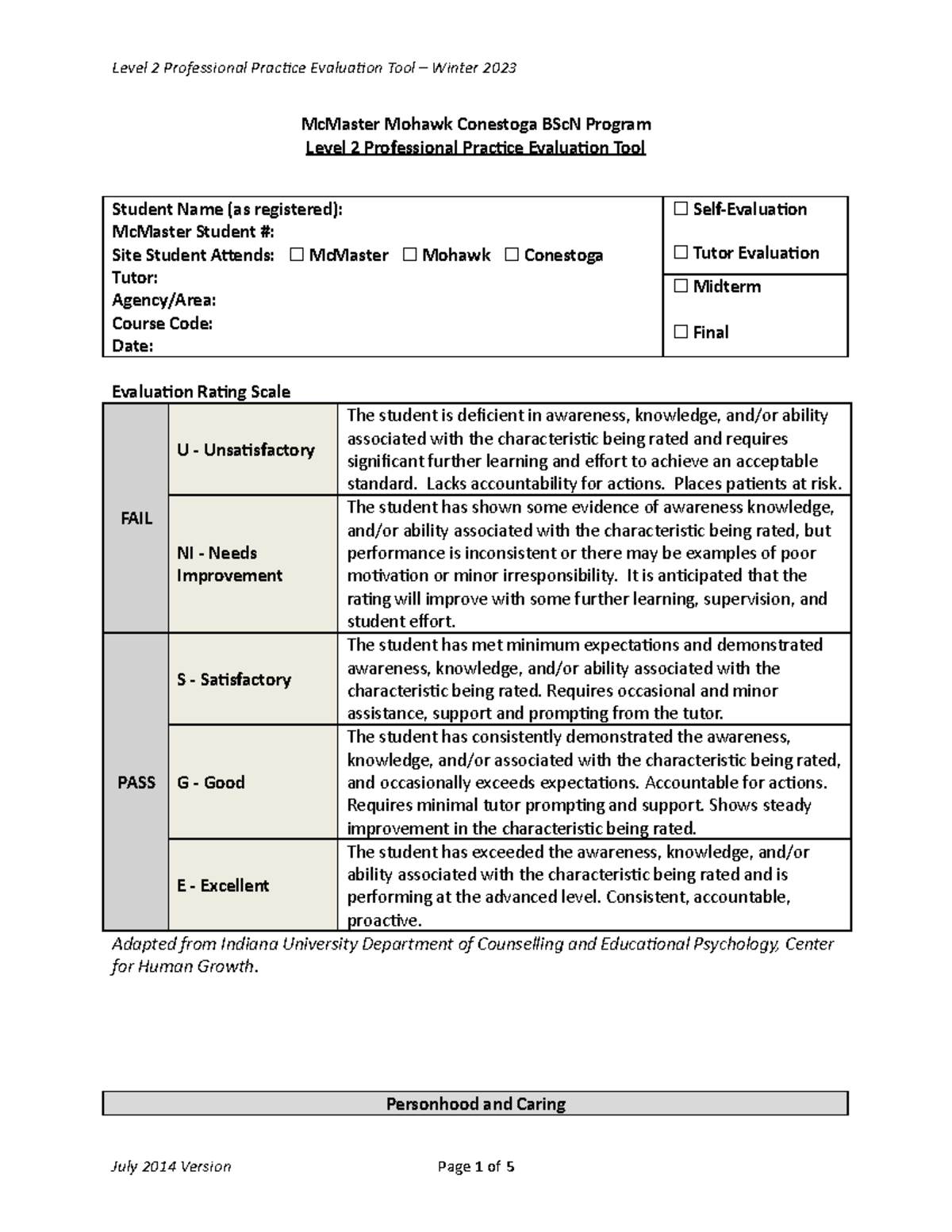 Level II Professional Practice Evaluation Tool Winter 2023 - McMaster ...