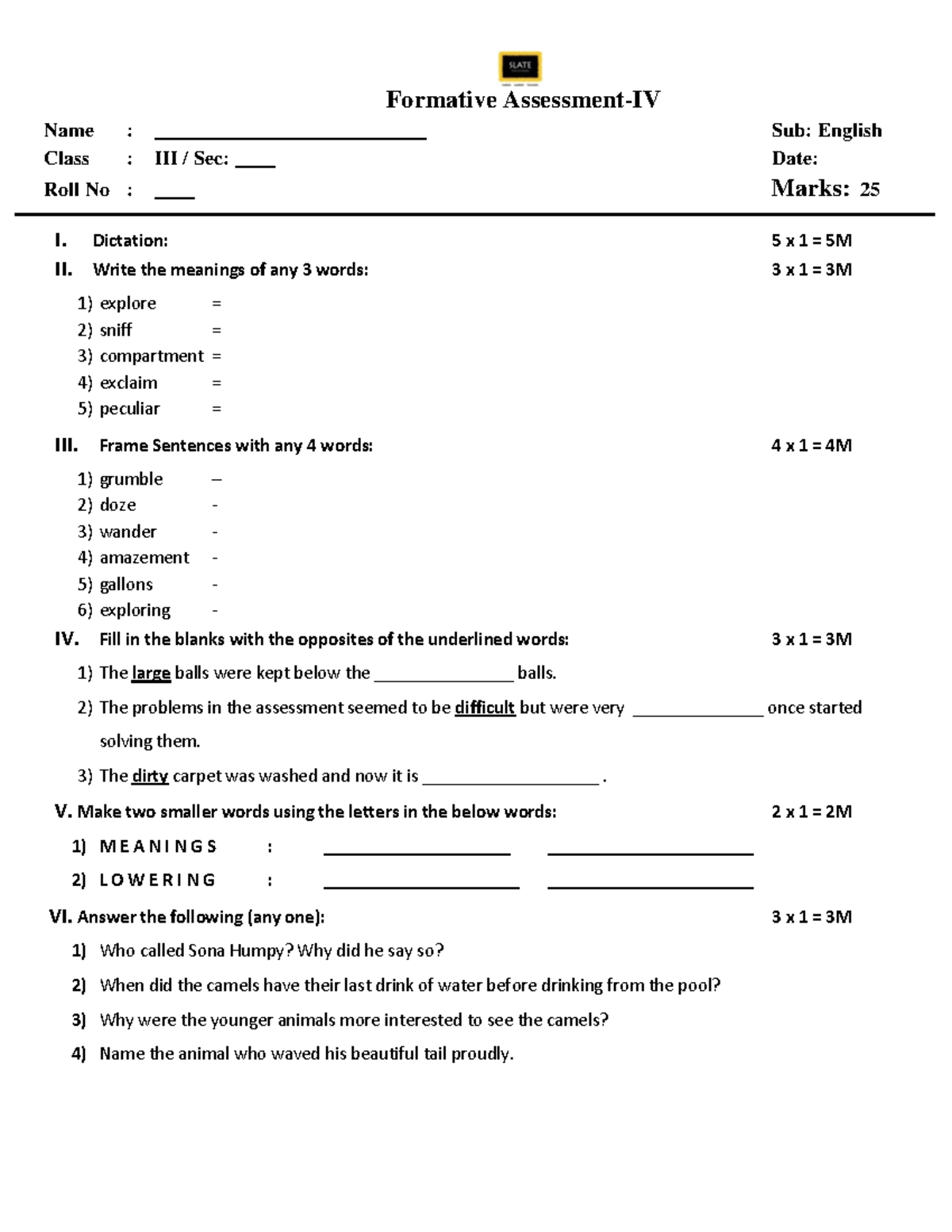 Class 3 ENG - Formative Assessment-IV Name ...