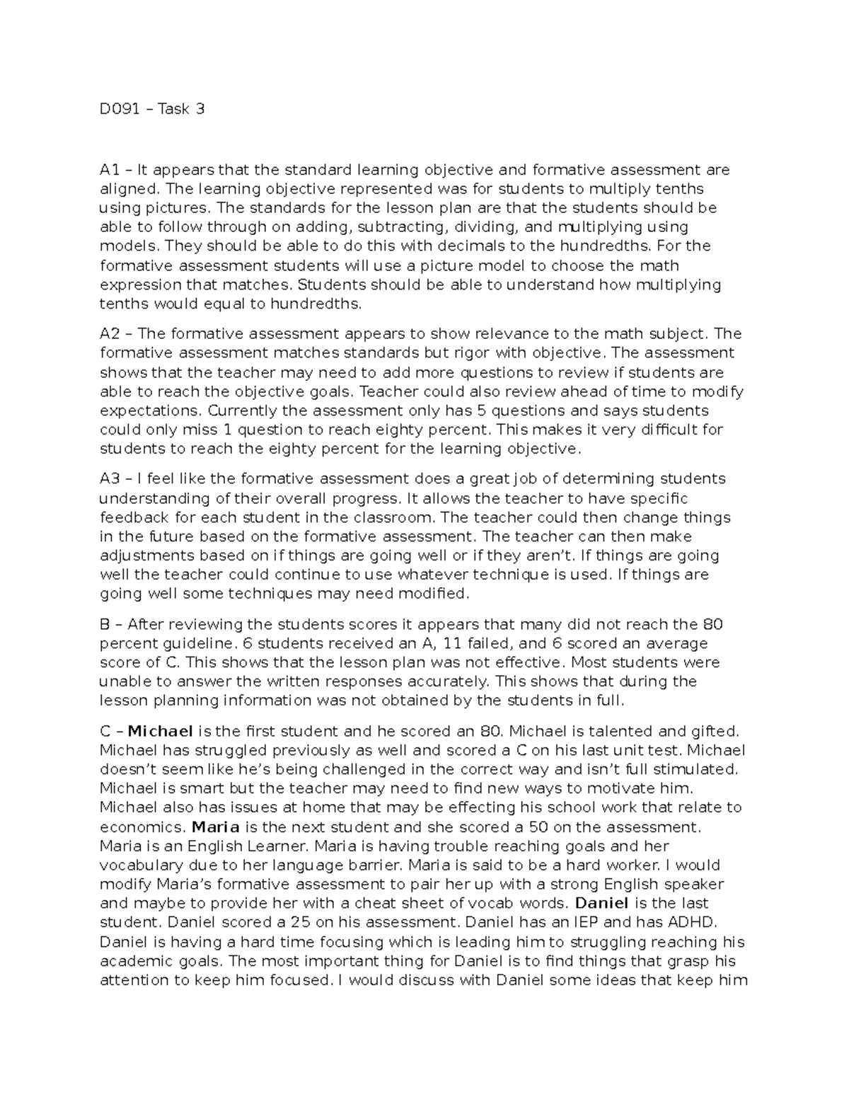 D091 Task 3 - Passed - D091 – Task 3 A1 – It appears that the standard learning objective and ...