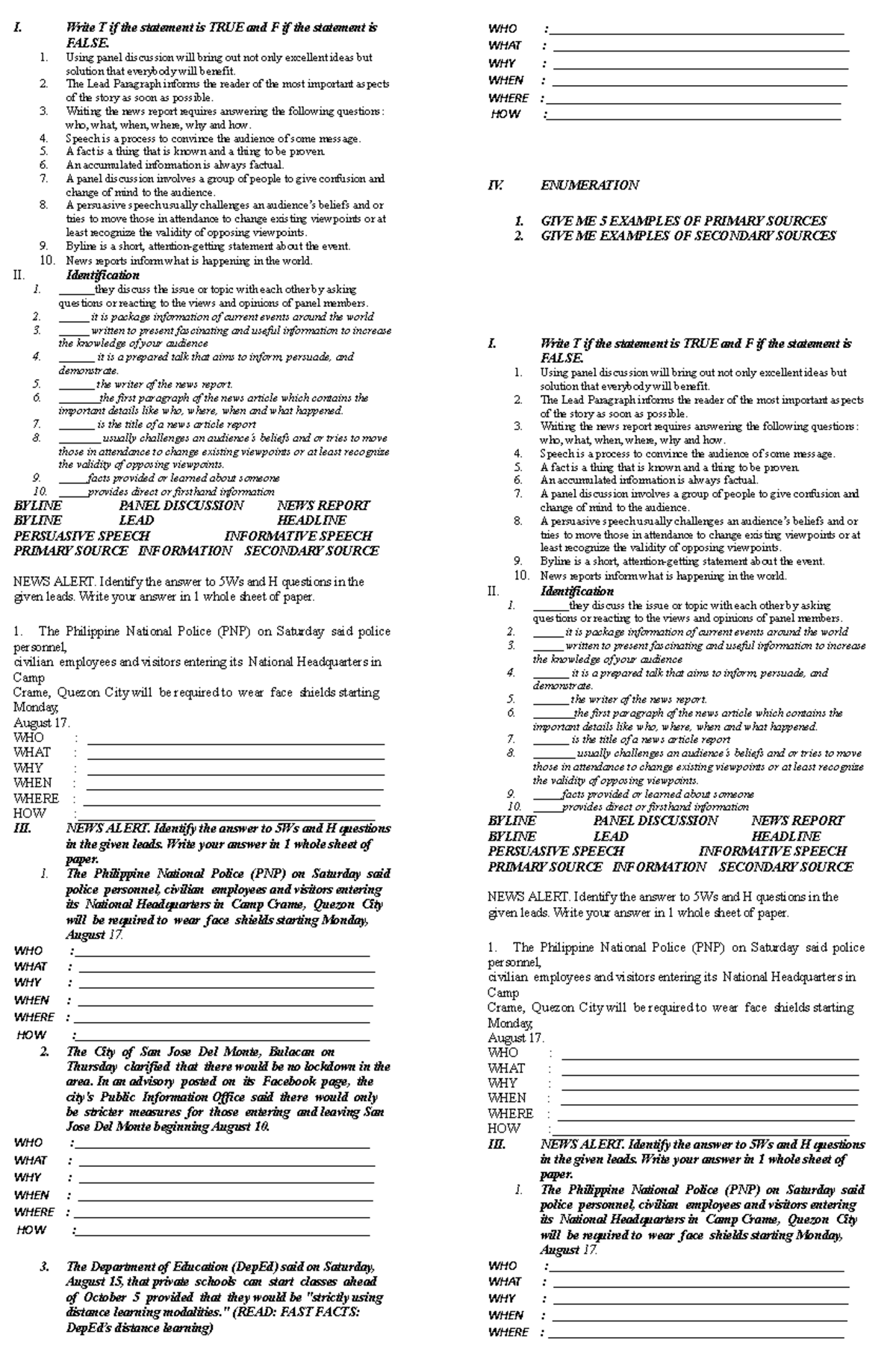 Module 1- English 10 QUIZ - I. Write T if the statement is TRUE and F ...