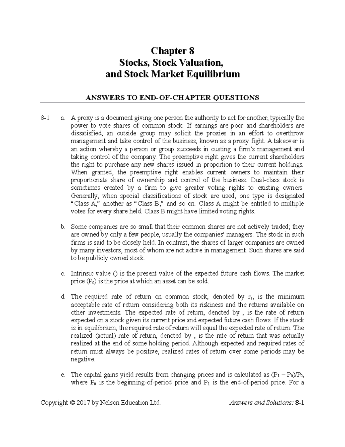 CH8 Solutions - Chapter 8 Stocks, Stock Valuation, and Stock Market Equilibrium ANSWERS TO - Studocu