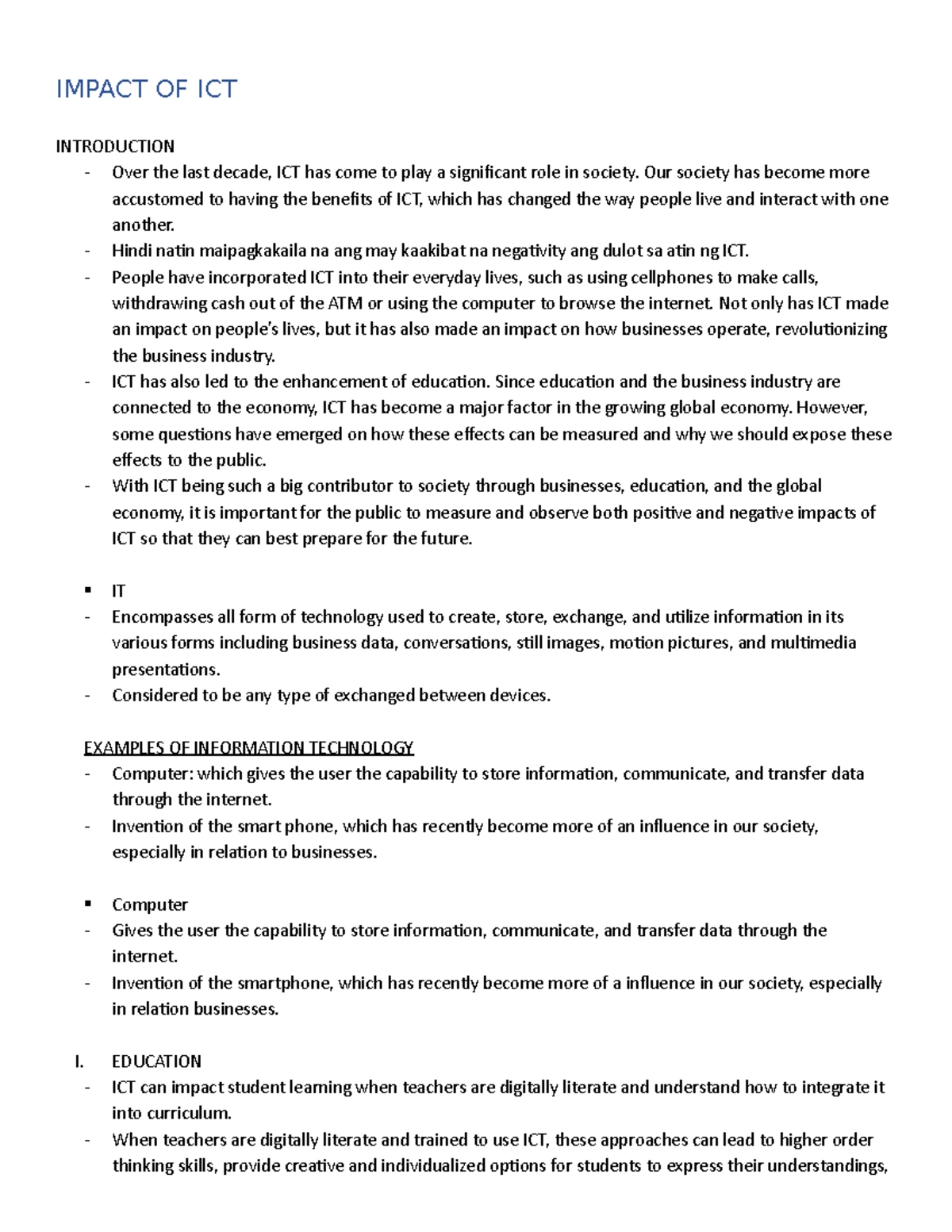 Impact OF Information, communication and technology - IMPACT OF ICT ...