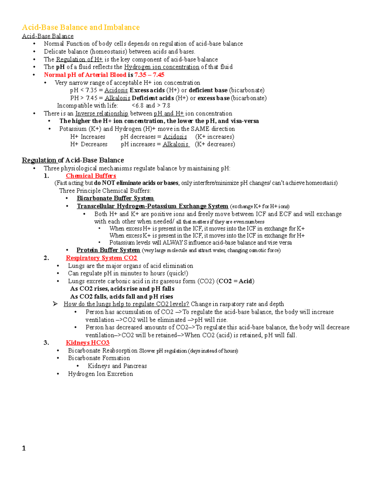 Test 1 Acid-Base Balance and Imbalance - Acid-Base Balance and ...