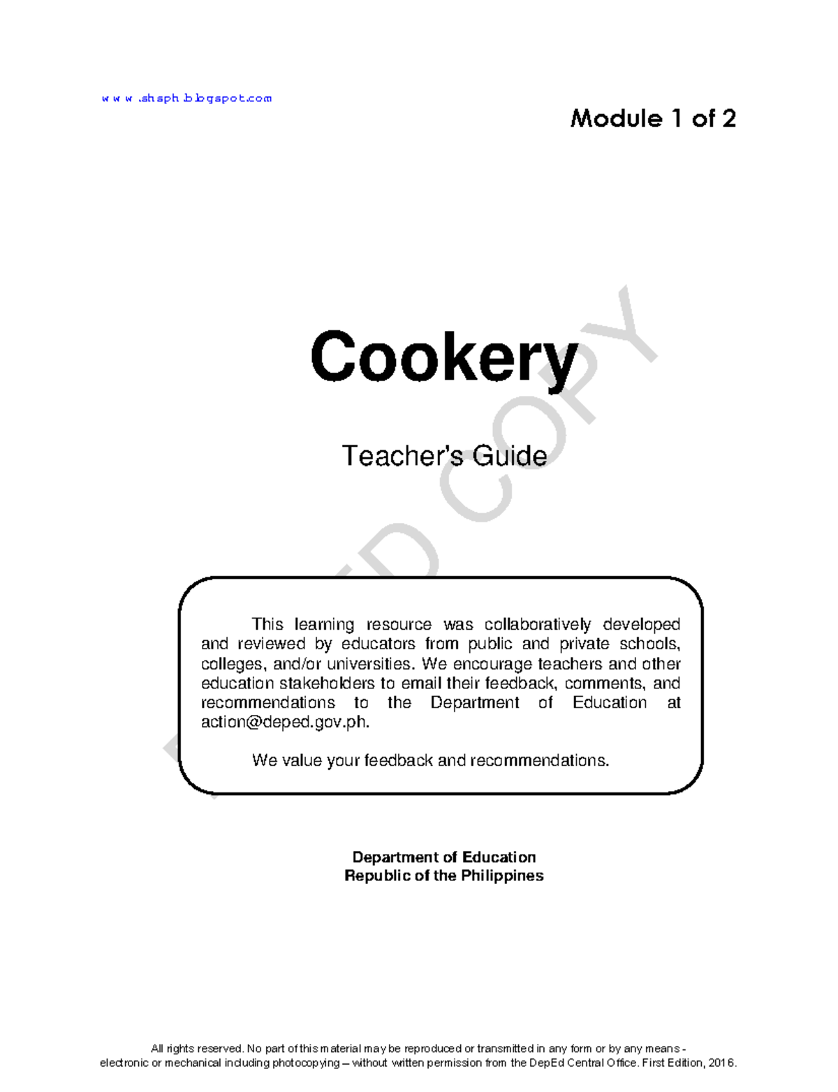 Cookery TG Mod.1 SHS v - ... - DEPED COPY Module 1 of 2 Cookery Teacher ...