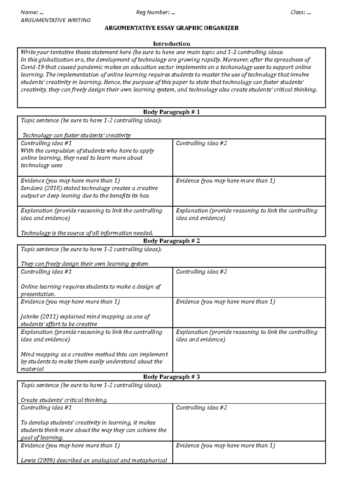 Argumentative Essay Graphic Organizer 1 - Name: ... Reg Number ...