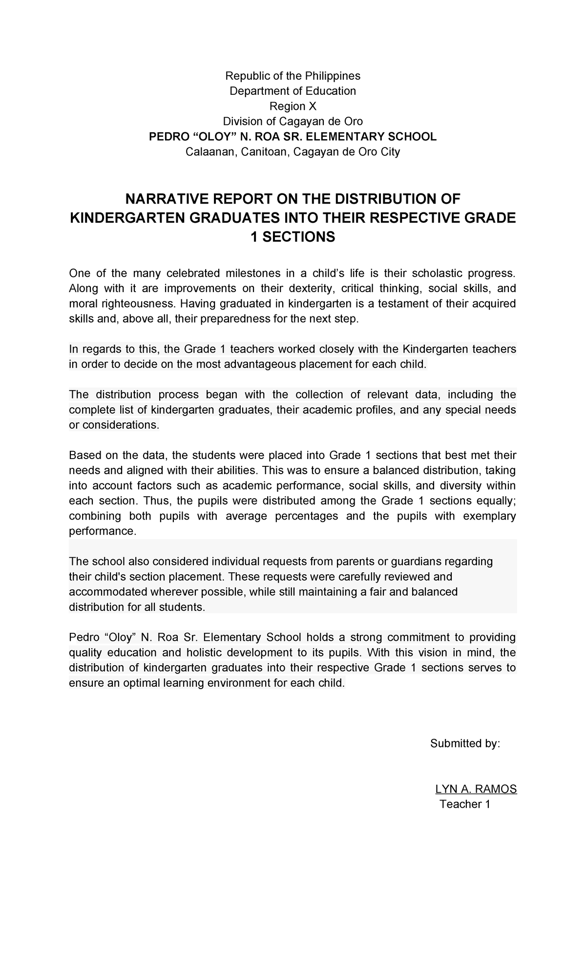 NARRATIVE REPORT ON SECTIONING CLASSES - Republic of the Philippines ...