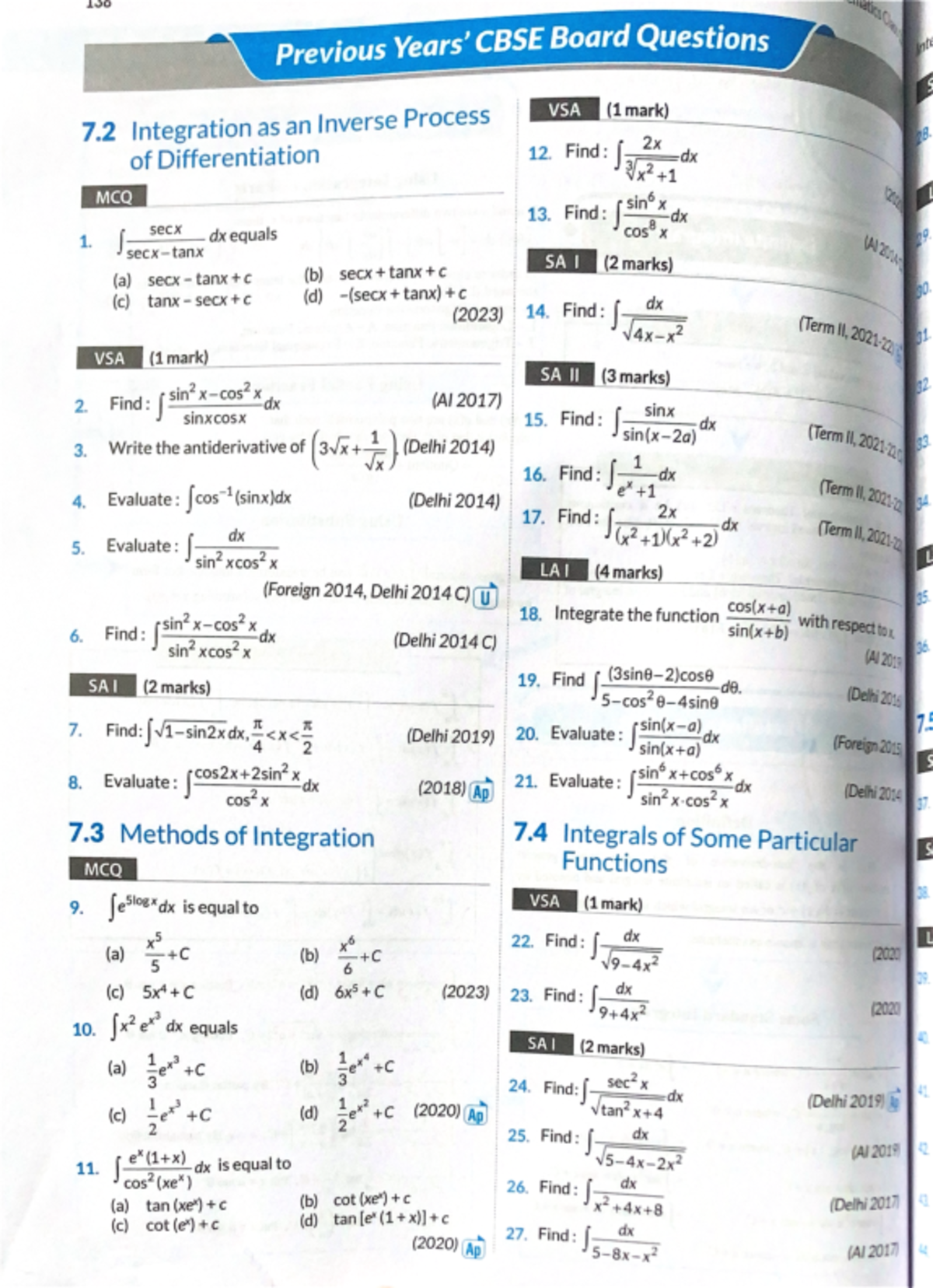 12th Integrals PYQs - assignment - Mathematics: Applications and ...