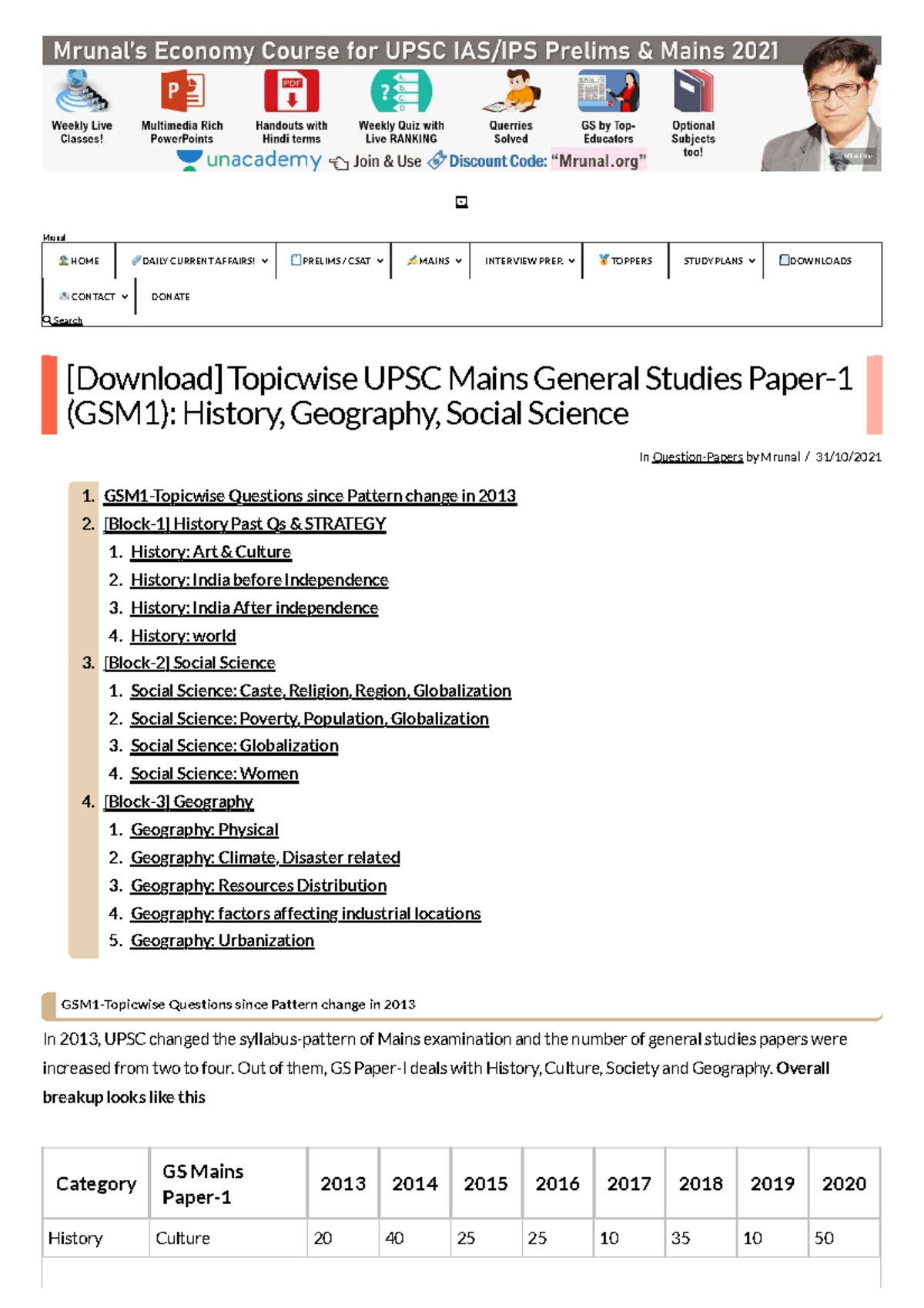 GS1 - Past question papers - [Download] Topicwise UPSC Mains General ...
