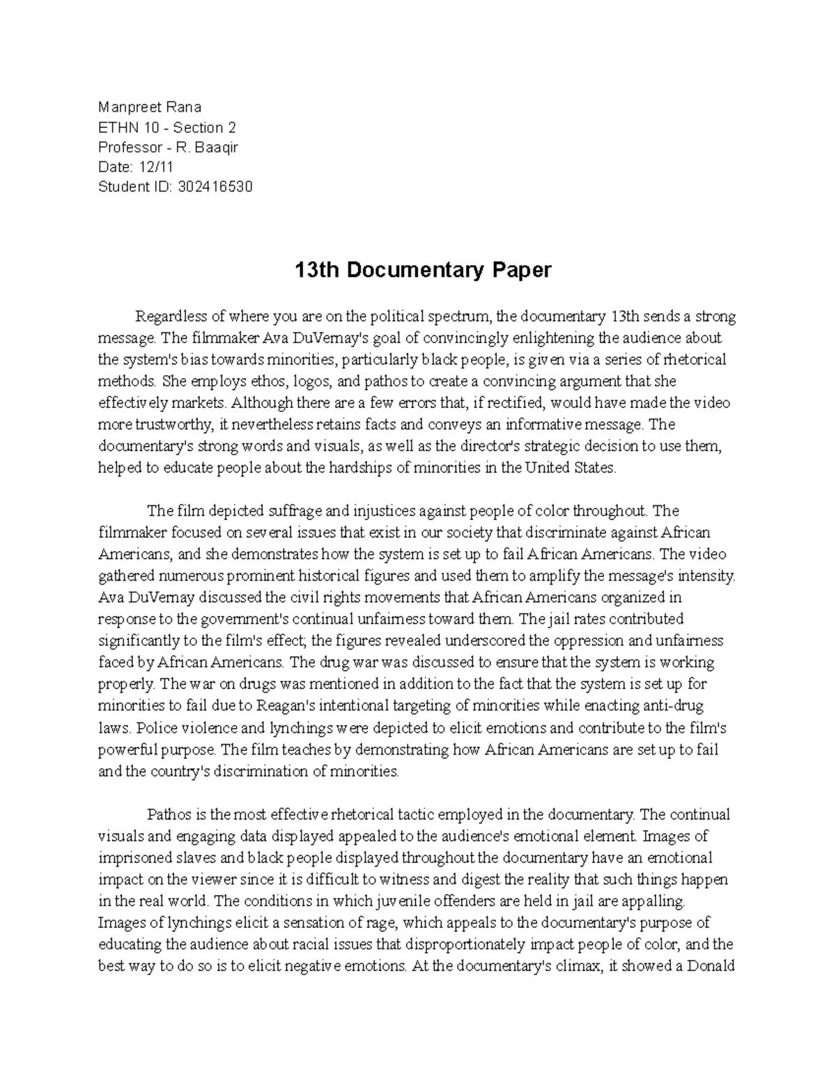 13th paper. pdf - Essay on the movie called the 13 th - Manpreet Rana ...