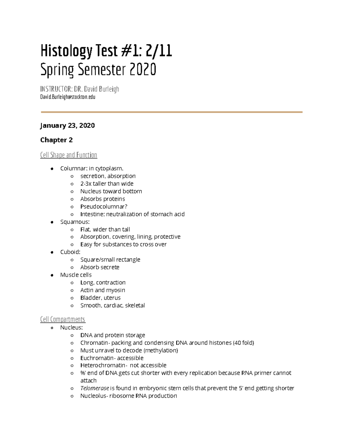 Histology test 1.2 - Histology Test #1: 2/ Spring Semester 2020 ...