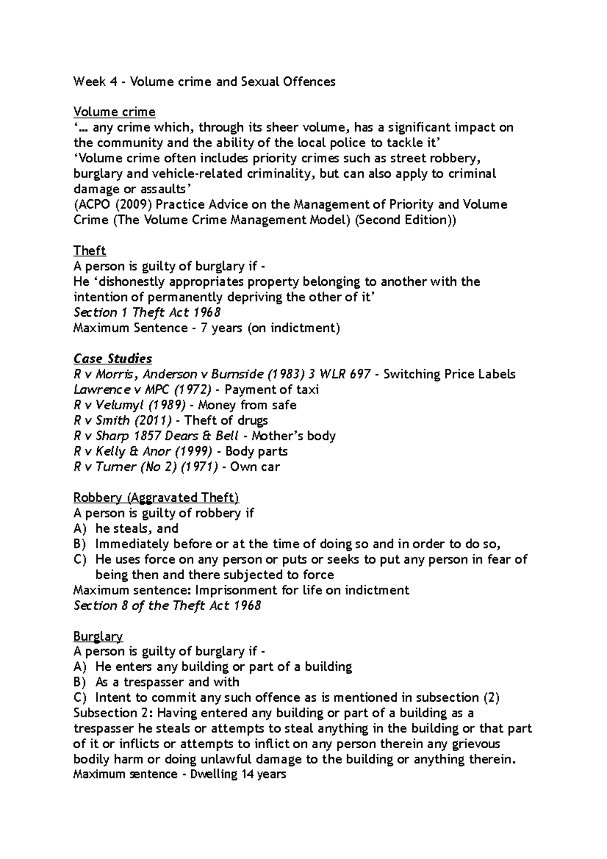 Volume crime and sexual offences - Week 4 - Volume crime and Sexual ...