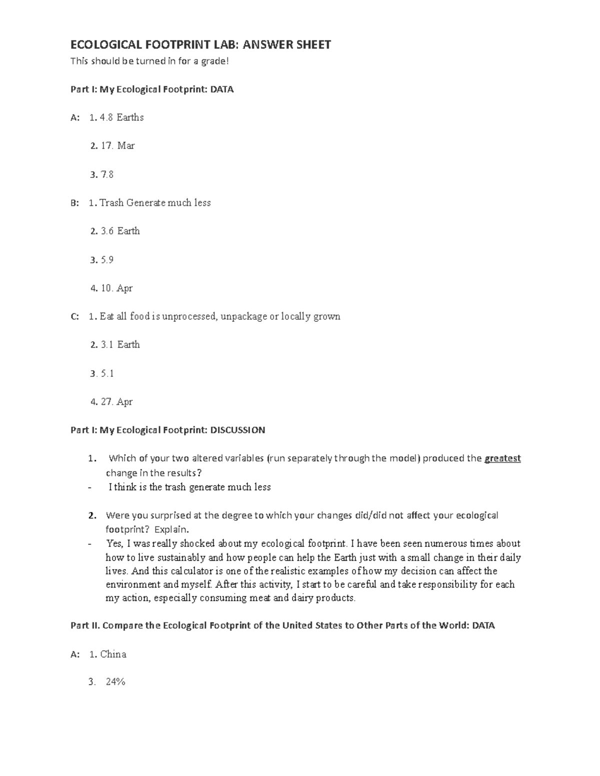 Eco Footprint Answer Sheet Anhtran - ECOLOGICAL FOOTPRINT LAB: ANSWER ...