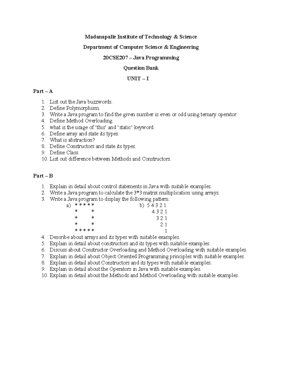Question BANK -UNIT 1-JAVA Programming - Madanapalle Institute of Technology & Science - Studocu