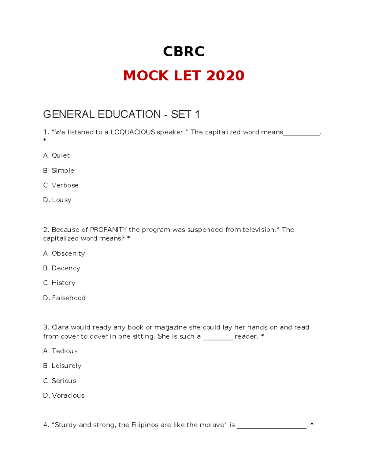 7Copy of CBRC MOCK LET 2020 - CBRC MOCK LET 2020 GENERAL EDUCATION ...