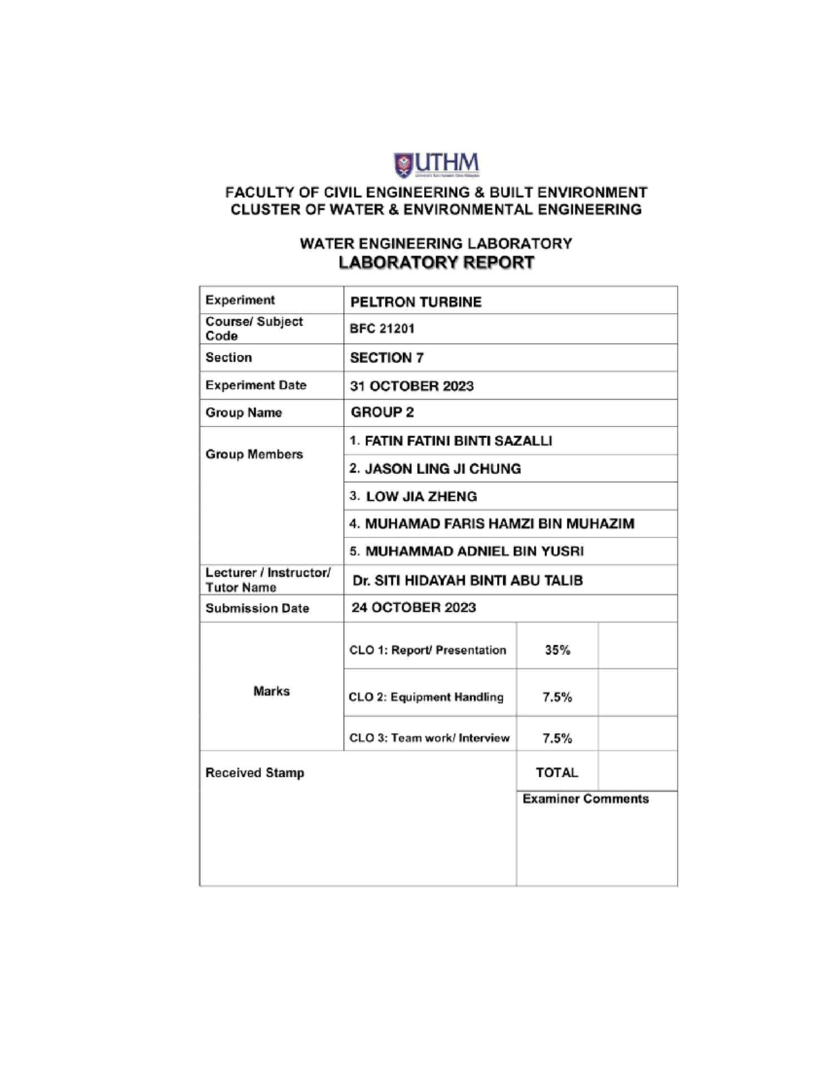 Pelton turbine g2 - lab report - Hydraulic and Mechanics of Materials ...