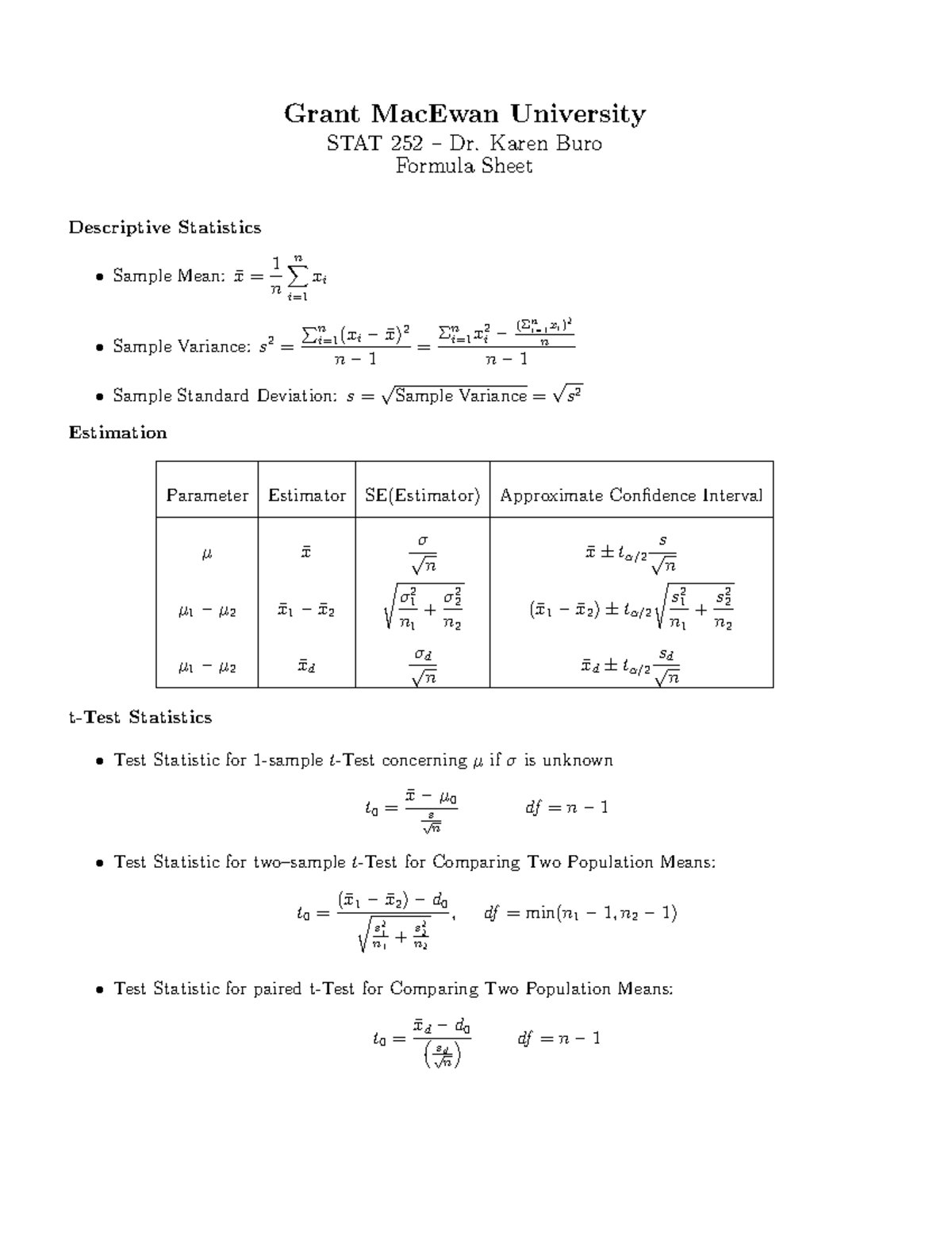 Lecture notes, lecture formula final - Grant MacEwan University STAT ...