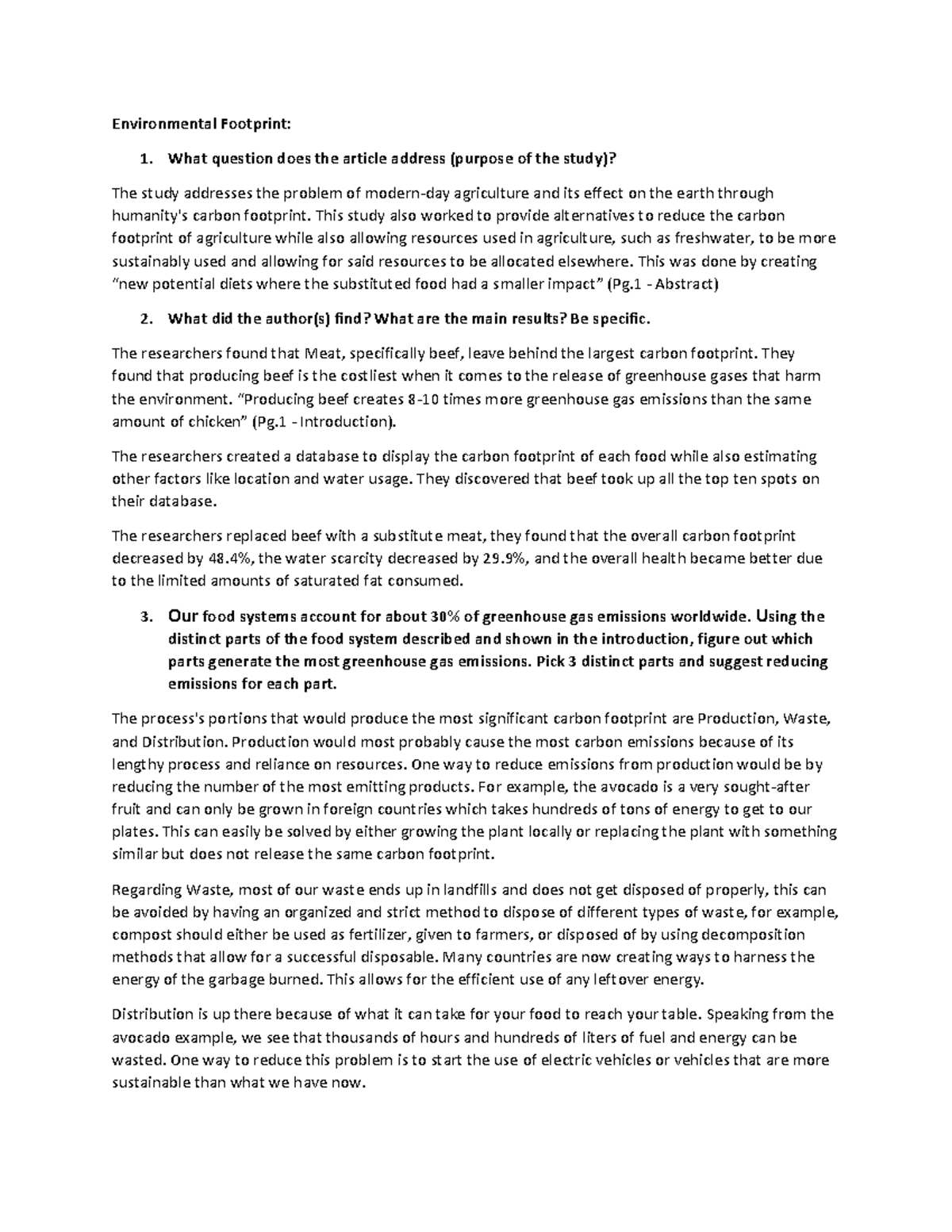 Assignment #1 BI110 - 1B - Environmental Footprint: What question does ...