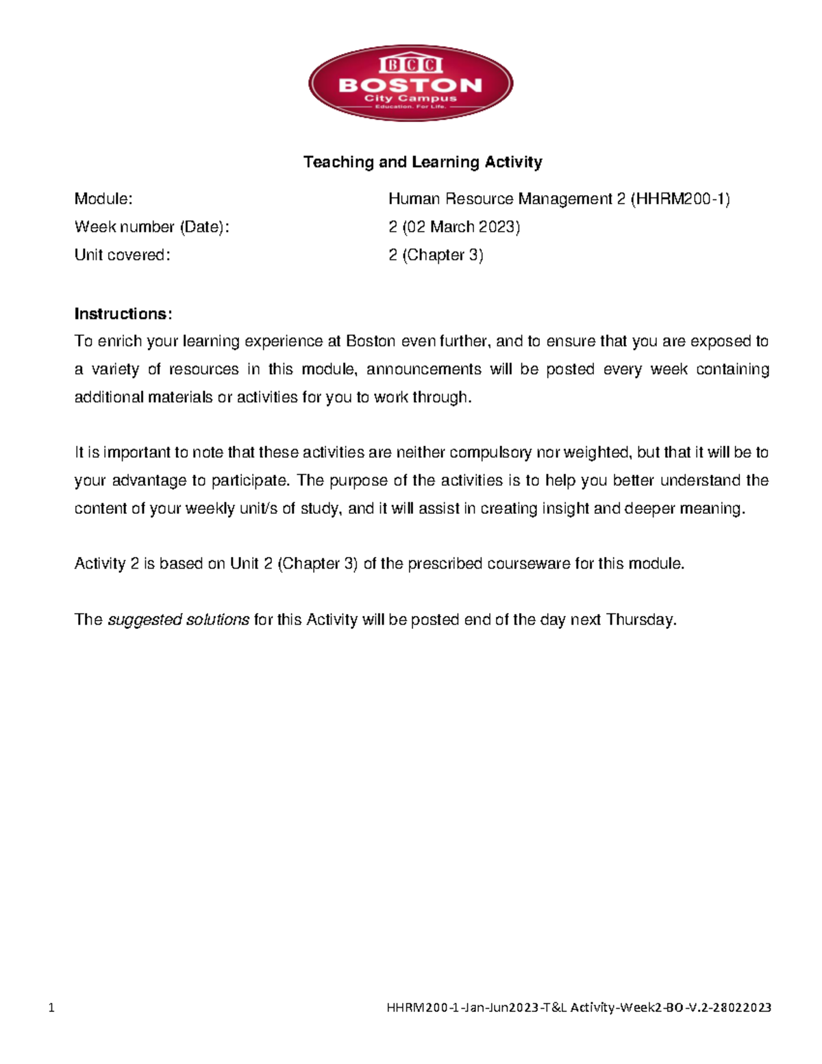 HHRM200 1 Jan Jun2023 SA2 BO V - 1 HHRM200-1-Jan-Jun2023-T&L Activity ...