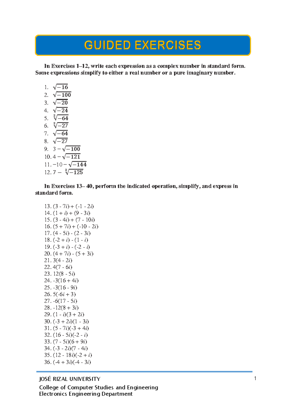Circuits 2 - Week 1 - Review of Complex Numbers Guided Exercises - JOSÉ ...