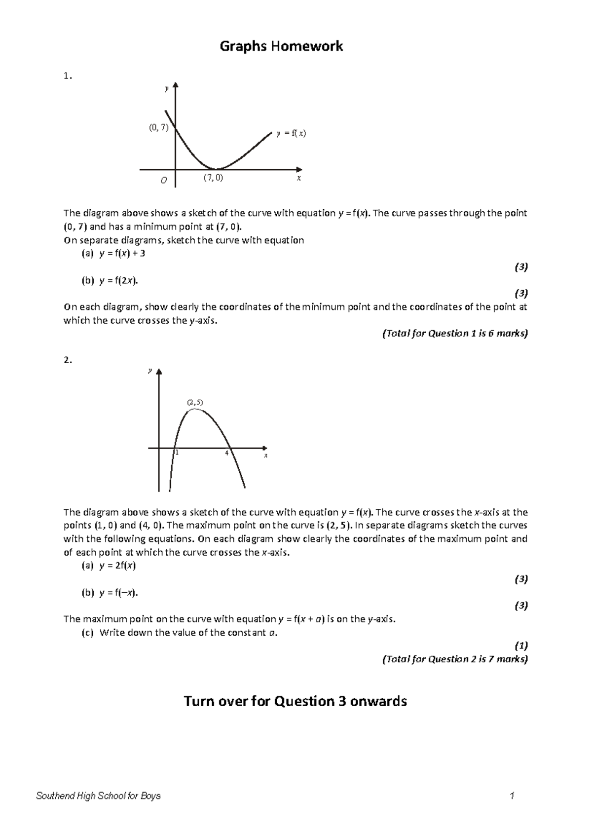 Section 5 Graphs PDF - Maths practise questions - Southend High School ...