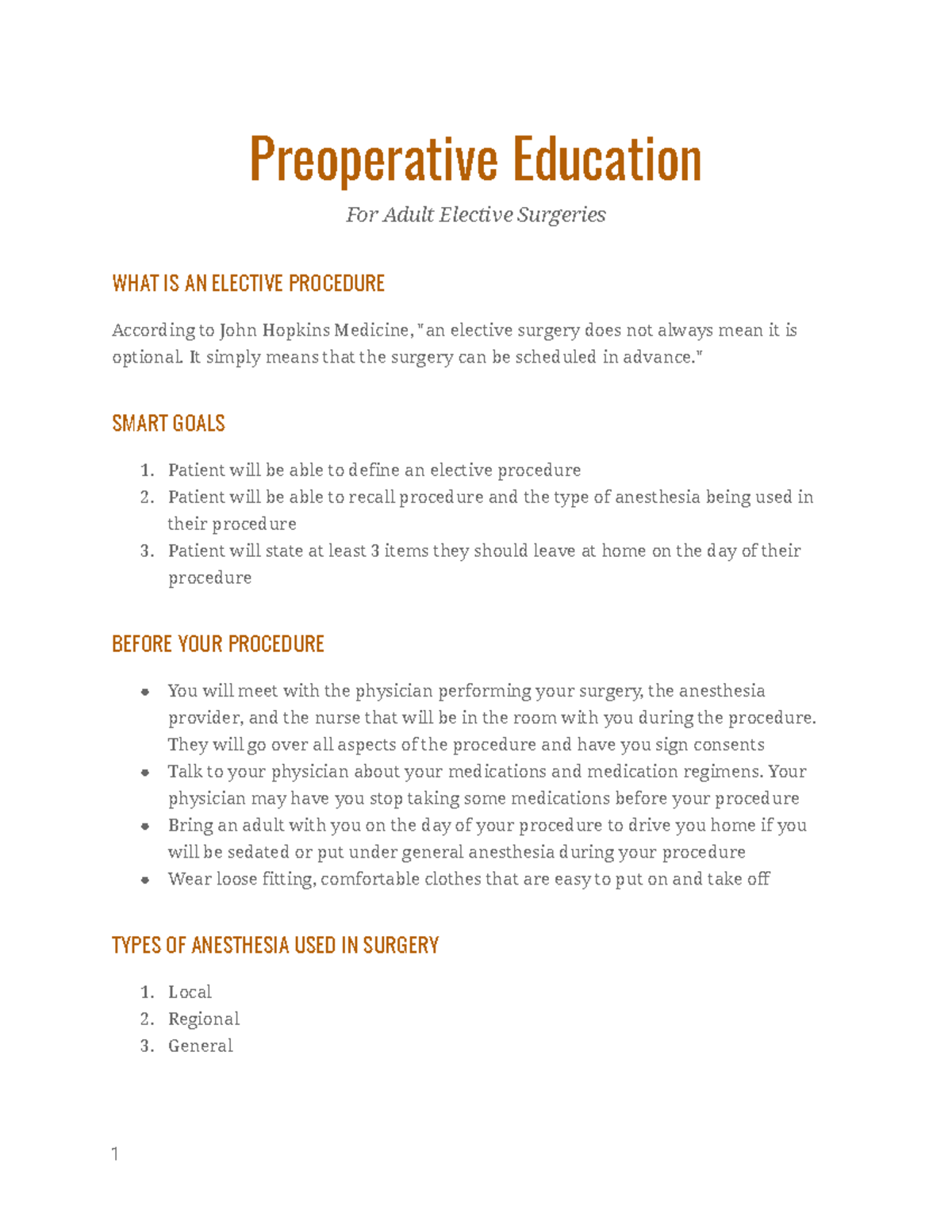 Preoperative Education Handout - Preoperative Education For Adult ...