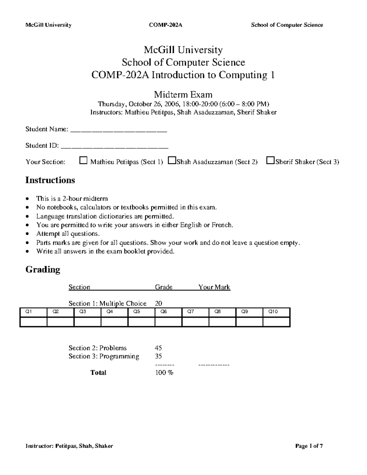 Midterm fall 06 - Practice/Exam - McGill University School of Computer Science COMP-202A - Studocu