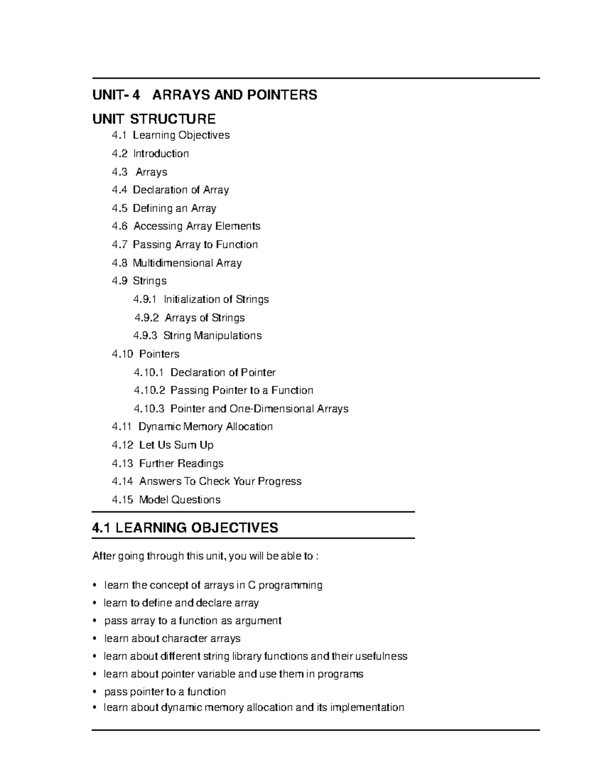 Mod-4-c - Notes - UNIT- 4 ARRAYS AND POINTERS UNIT STRUCTURE 4 .1 ...