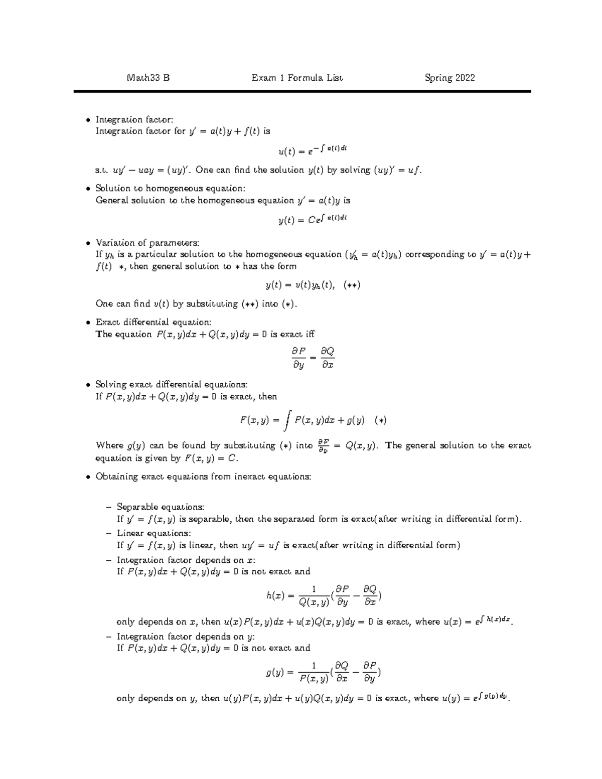 Exam-231-Formula - Exam 1 formula list - Math33 B Exam 1 Formula List ...