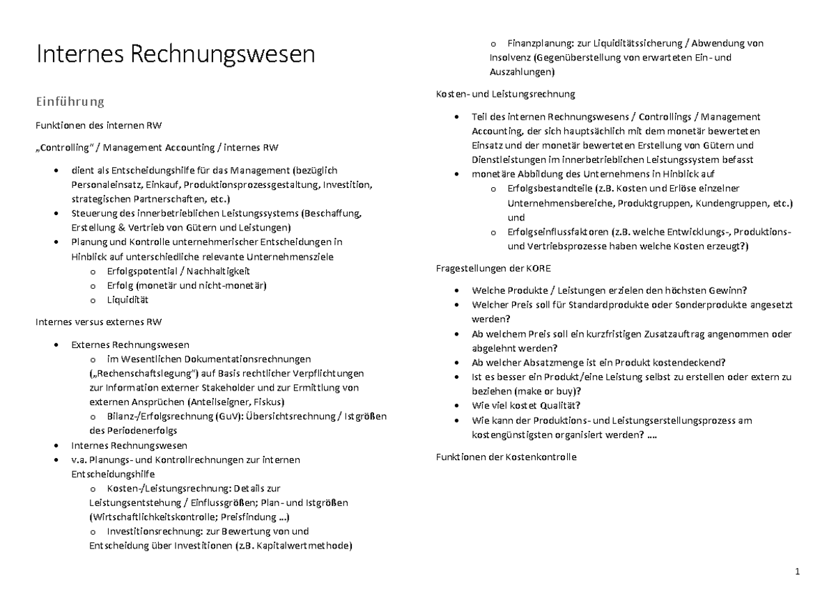 Internes Rechnungswesen Skript Zusammenfassung - UDE - StuDocu