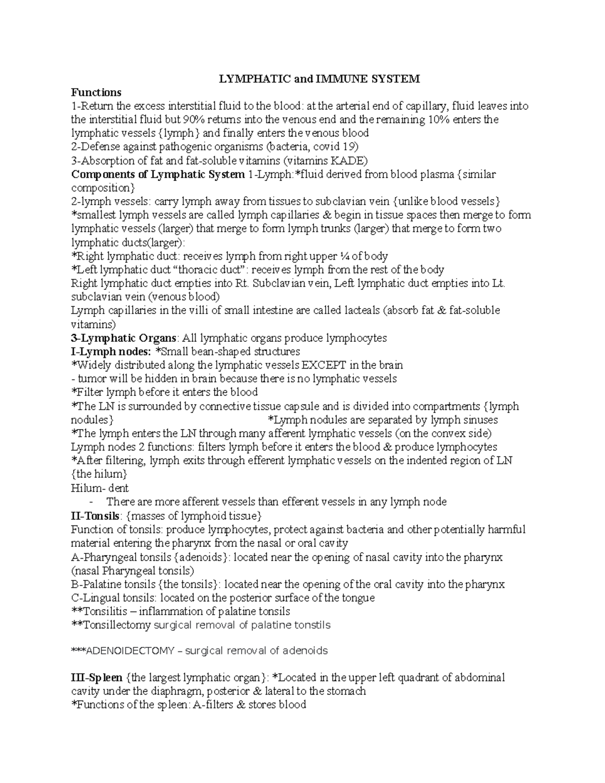 HO-Lymph - Lecture notes - LYMPHATIC and IMMUNE SYSTEM Functions 1 ...