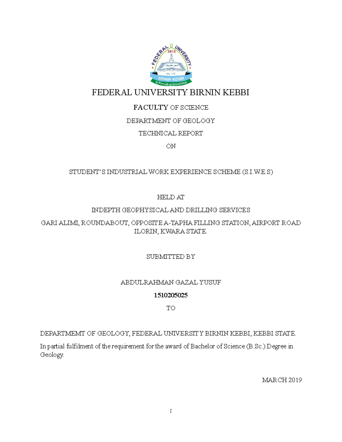 Mycompletesiwesreport - FEDERAL UNIVERSITY BIRNIN KEBBI FACULTY OF ...