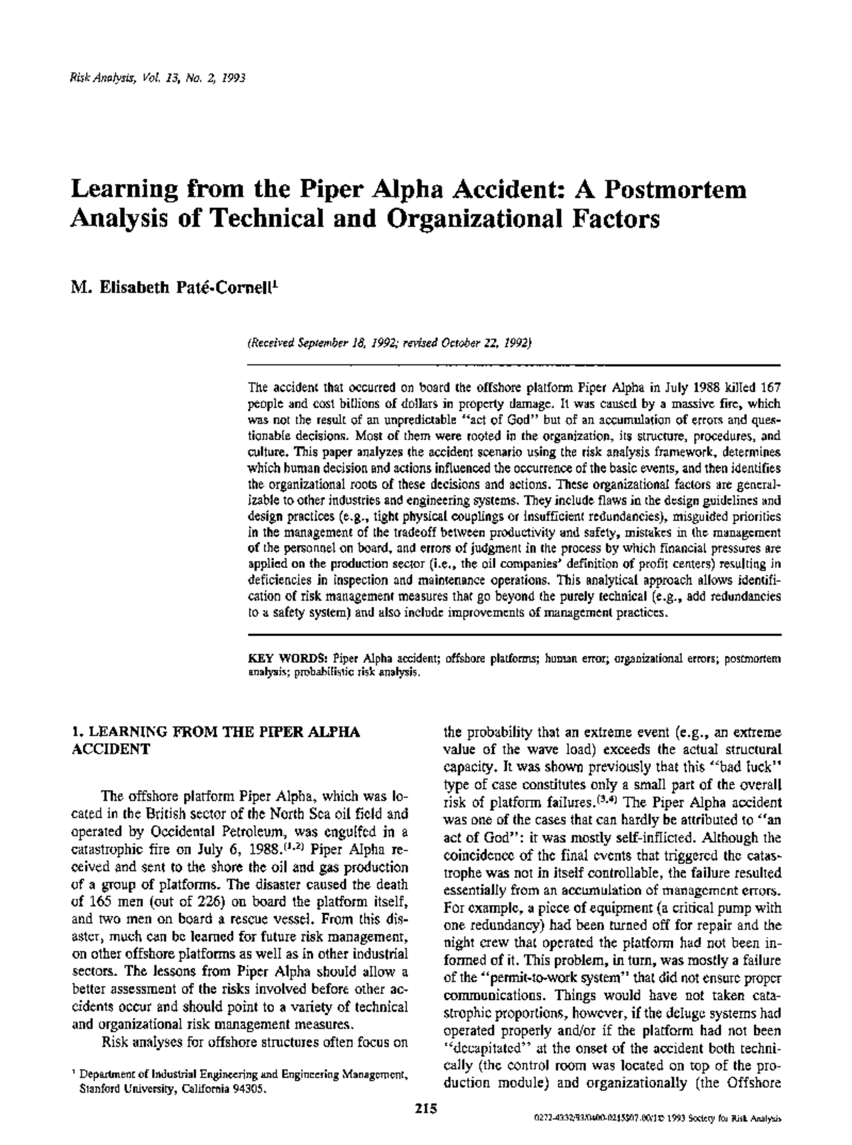 Piper Alpha 1993 - electiva - RkkAnalysk, Vol. 13, No. 2, 1993 Learning ...