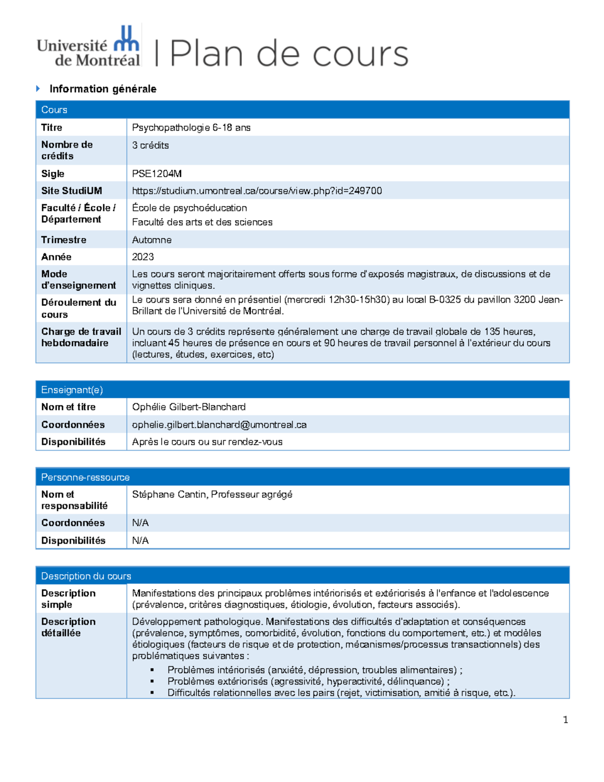 Plan de cours PSE 1204M - A23 - } Information générale Cours Titre Psychopathologie 6- 18 ans ...