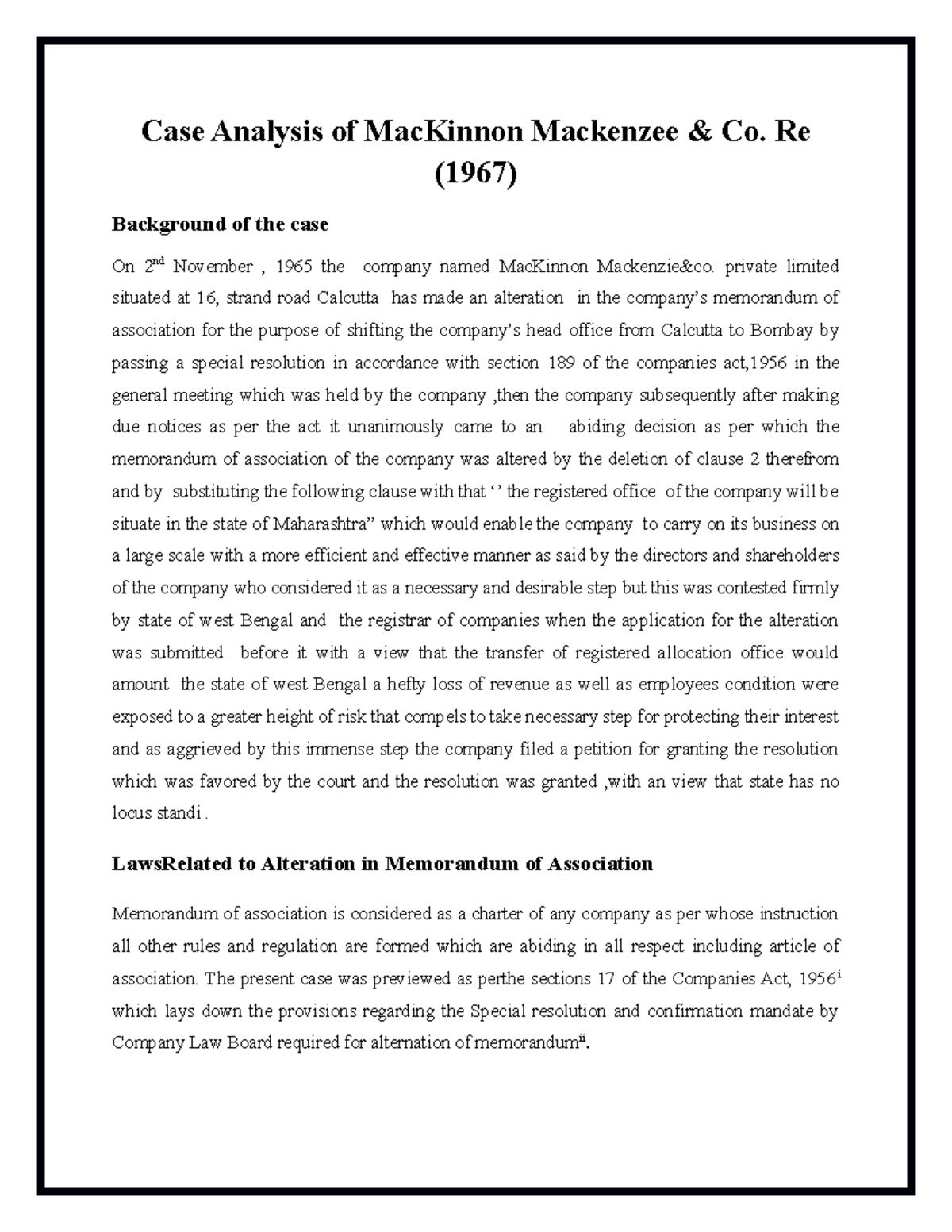 416 deepti nayak - Residence - Case Analysis of MacKinnon Mackenzee & Co. Re (1967) Background ...