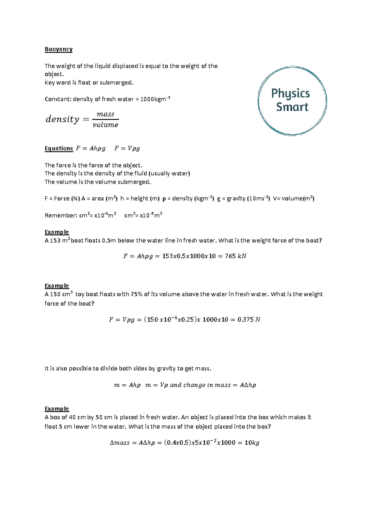 Buoyancy Notes for students - Buoyancy The weight of the liquid ...
