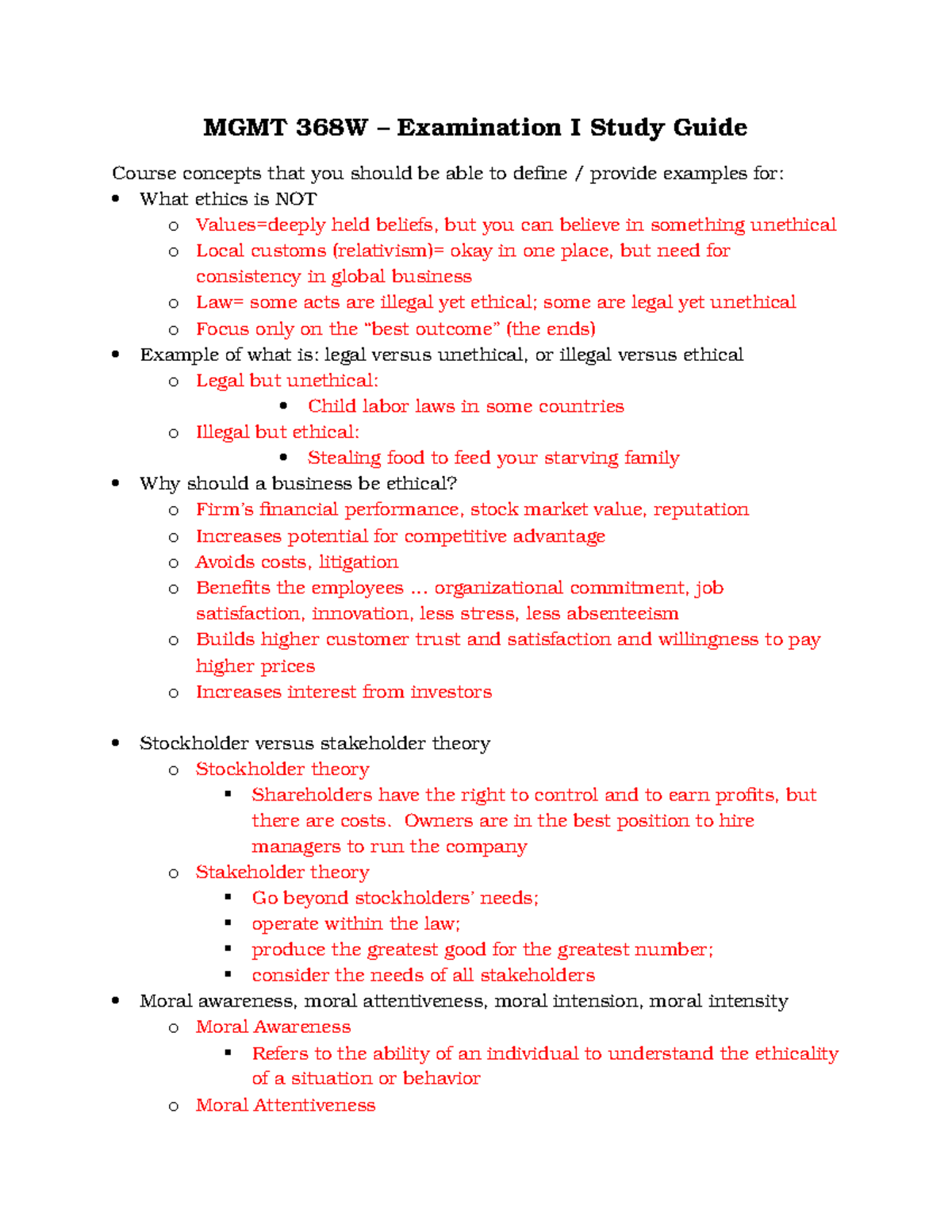 Study guide - MGMT 368W – Examination I Study Guide Course concepts ...