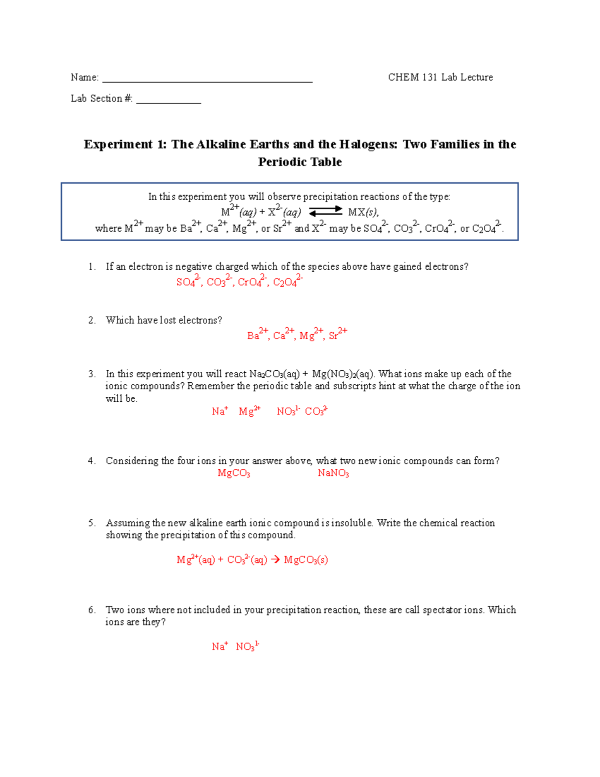 Experiment 1 Prelab Worksheet Answer Key CHM 131 Studocu