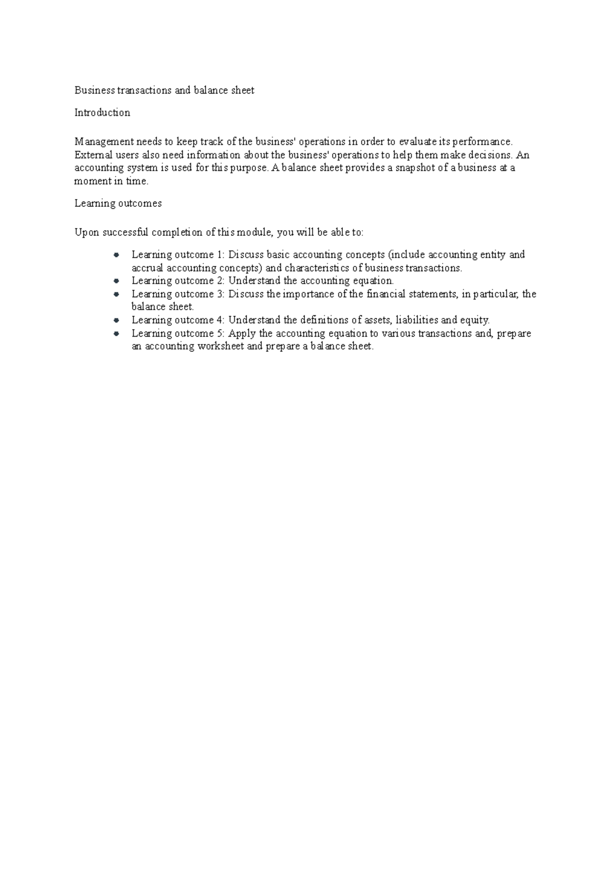 Business transactions and balance sheet - Business transactions and ...