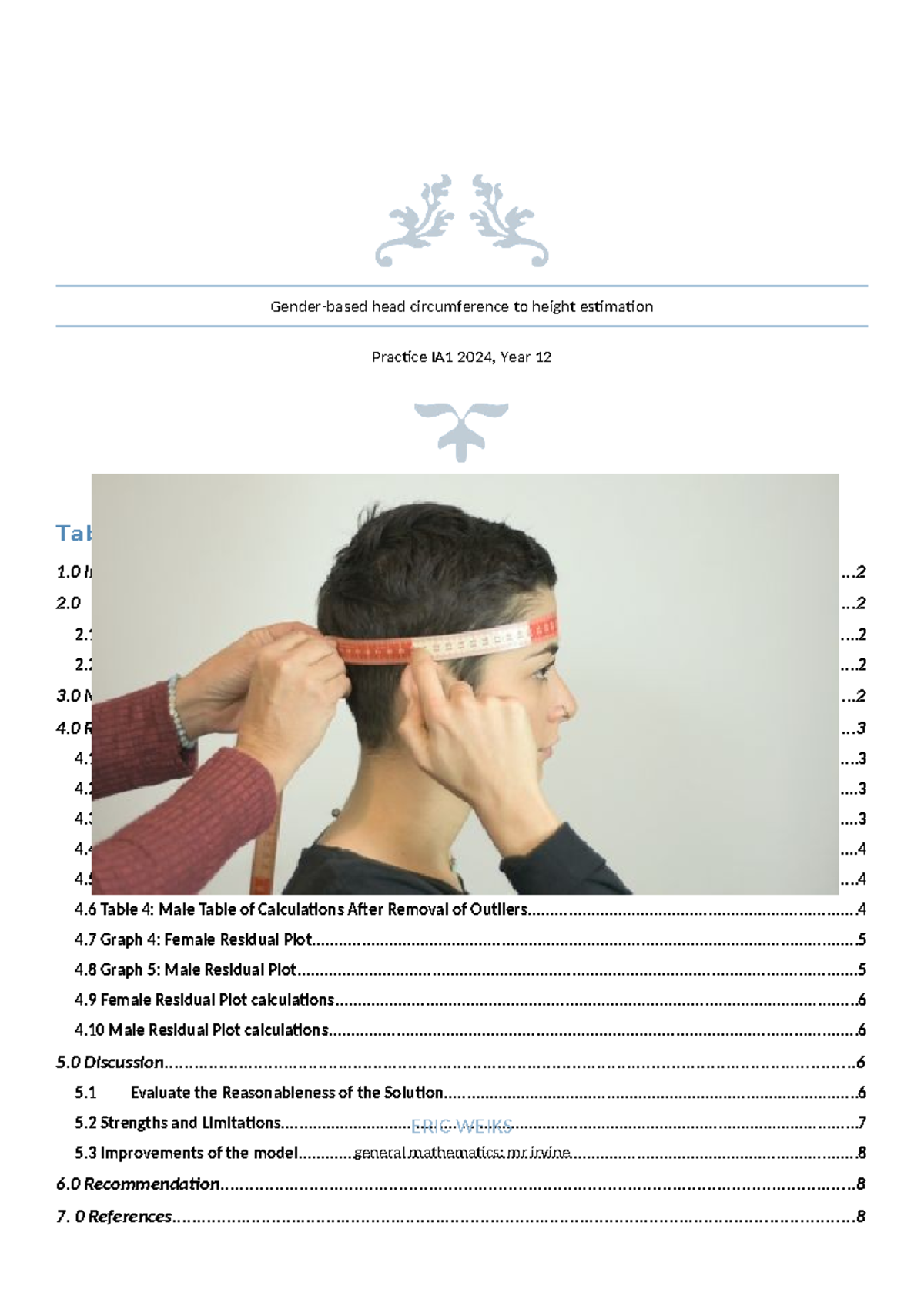 2024 IA1 Maths PSMT - Gender-based head circumference to height estimation ERIC WEIKS - Practice ...