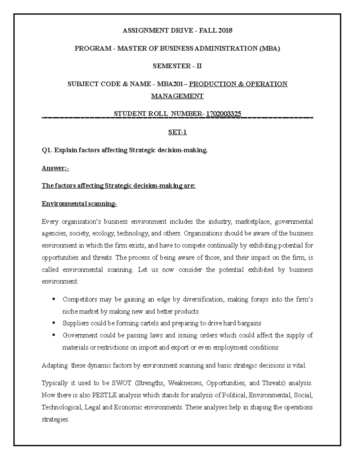MBA201 - Production & Operation Management - ASSIGNMENT DRIVE - FALL ...
