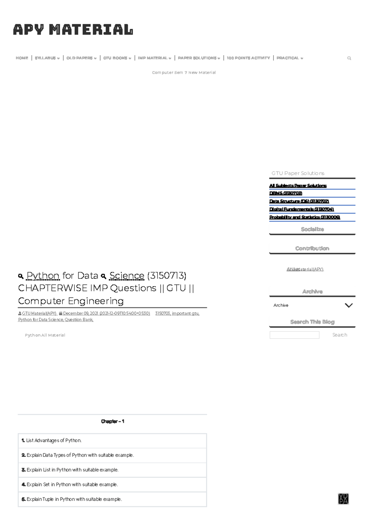 Python For Data Science 3150713 Chapterwise Imp Questions Gtu Computer Engineering Apy