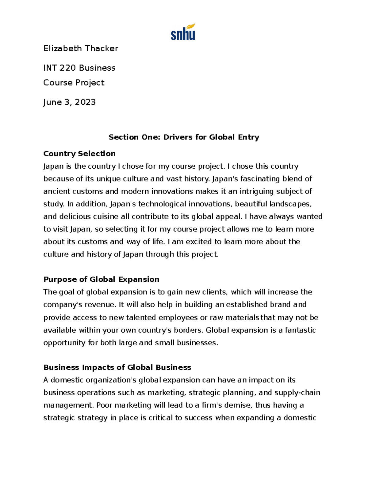 INT 220 Final Project 1 new - Elizabeth Thacker INT 220 Business Course ...