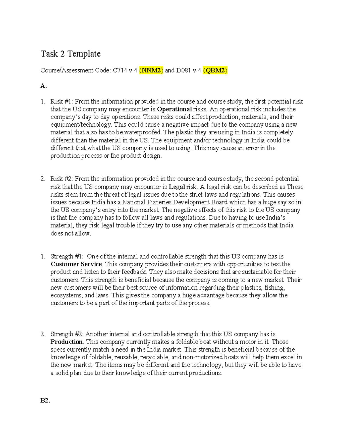 C714 - Risk #1: From the information provided in the course and course ...