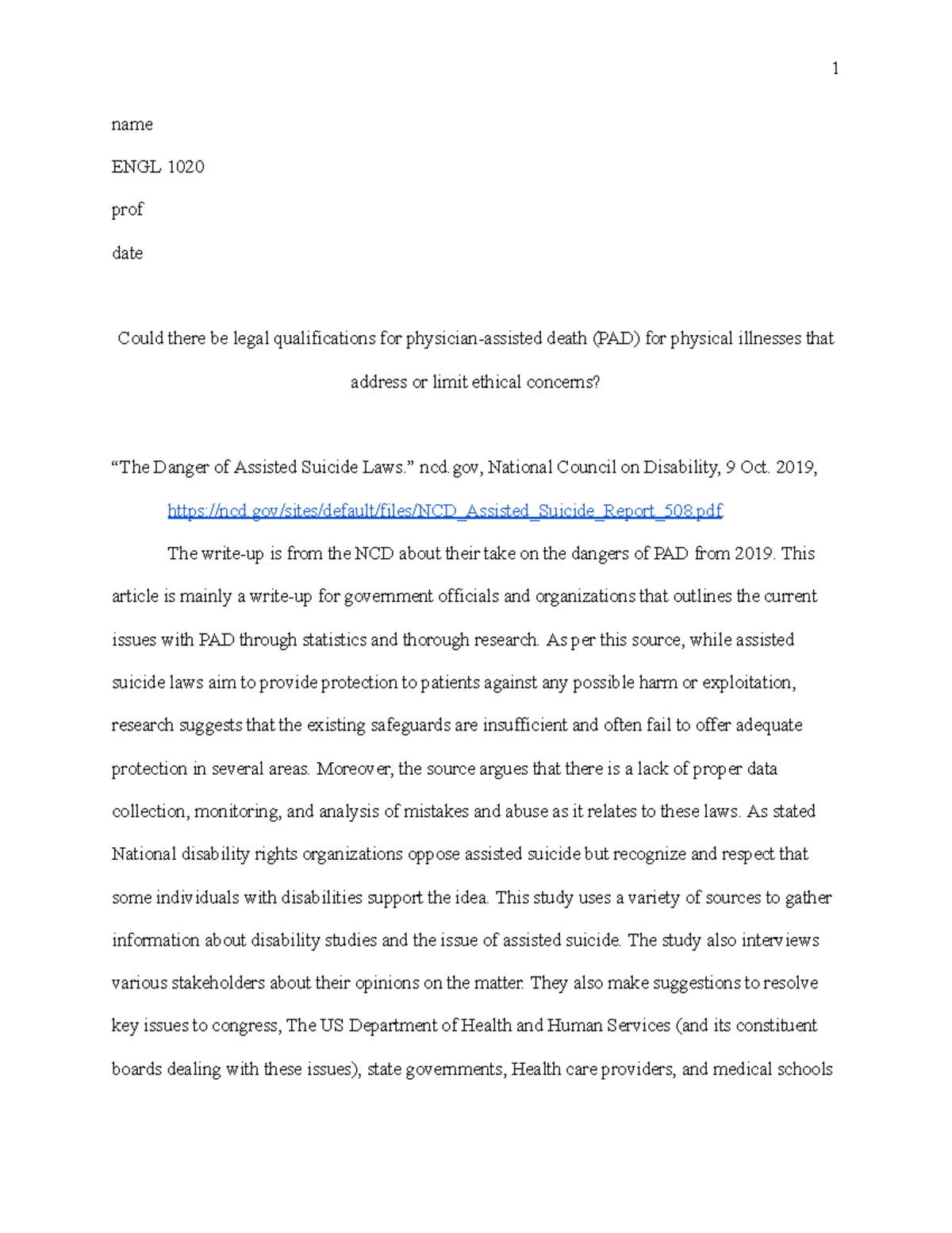 Revised Annotated Biboliography - name ENGL 1020 prof date Could there ...