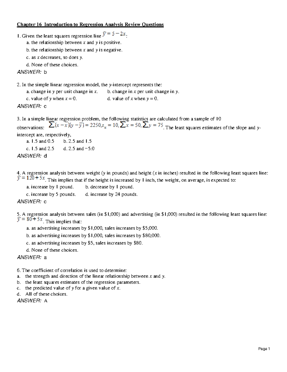 Chapter 16 Regression Analysis Review Questions Spring 2017 - Chapter ...