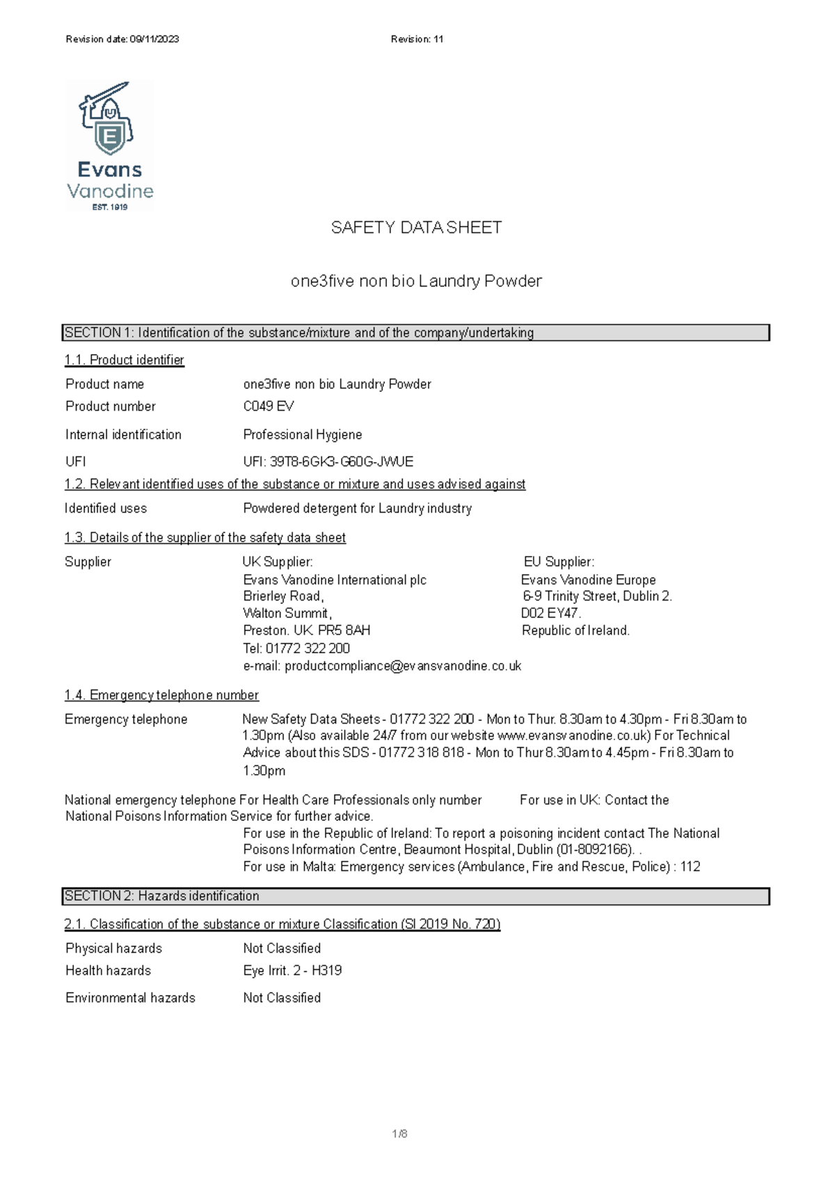 Eng one3five non bio - Aggsd - SAFETY DATA SHEET one3five non bio ...